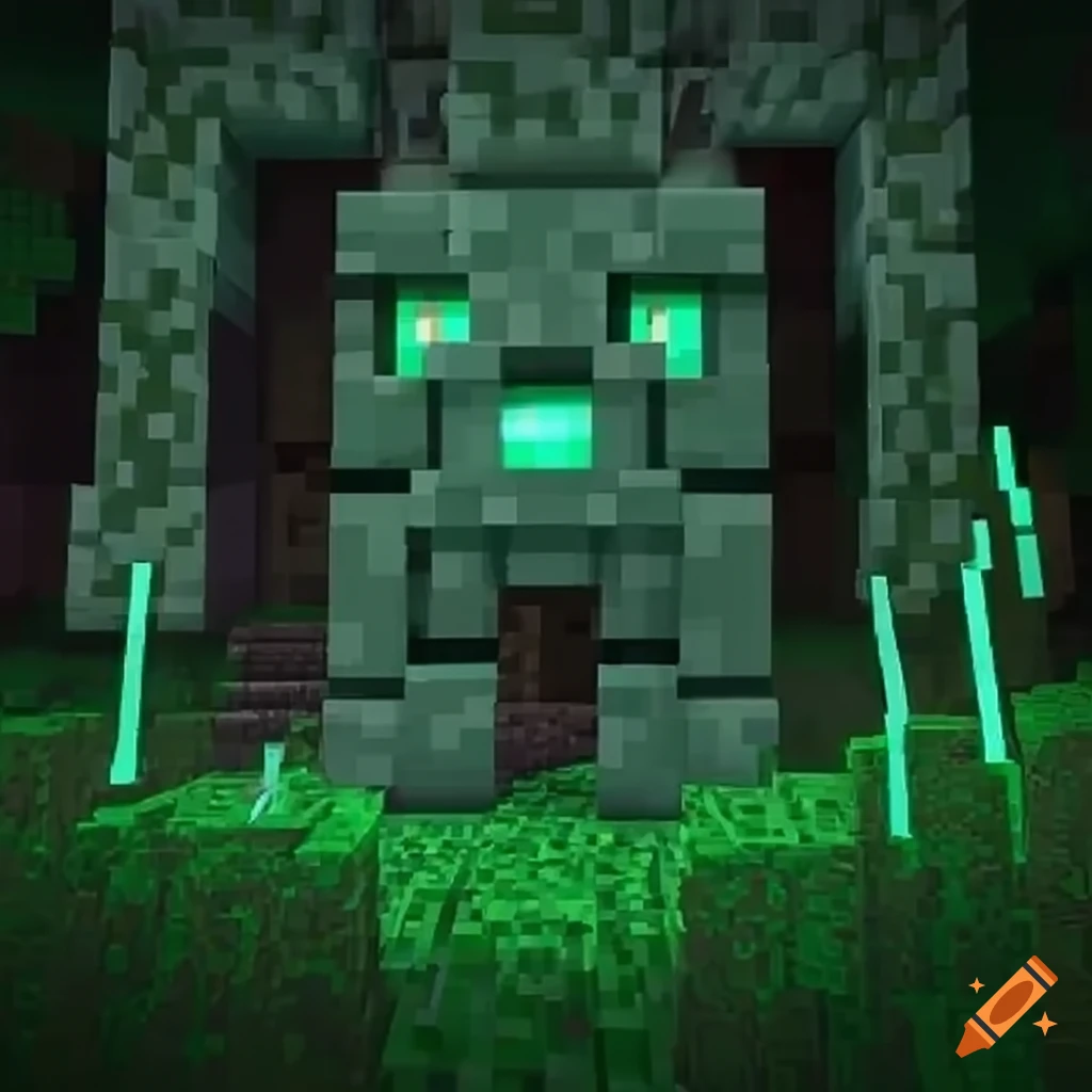 Minecraft earth boss: stone golem king with glowing green core on Craiyon