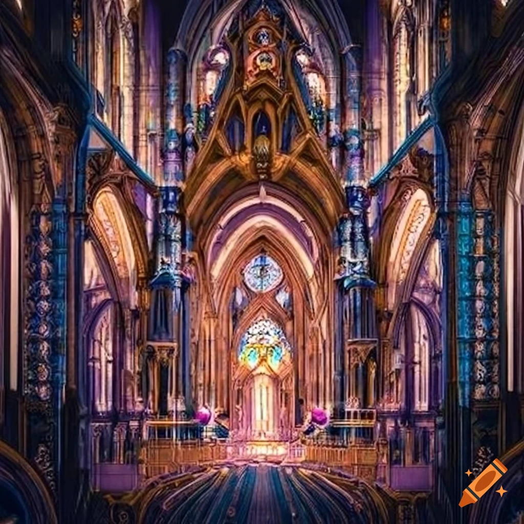 Intricately designed steampunk cathedral with precious gems and vibrant ...