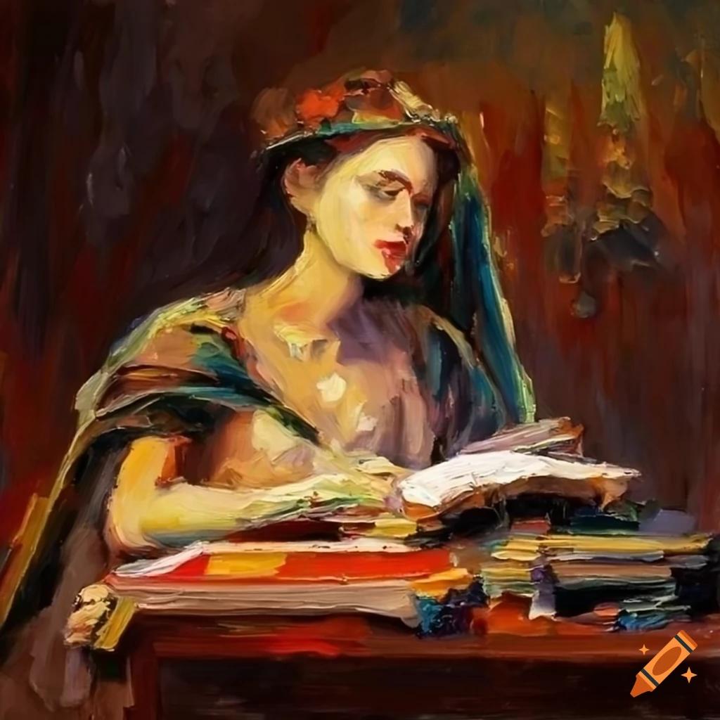 Impressionist painting of a young sorceress studying in a grand library ...