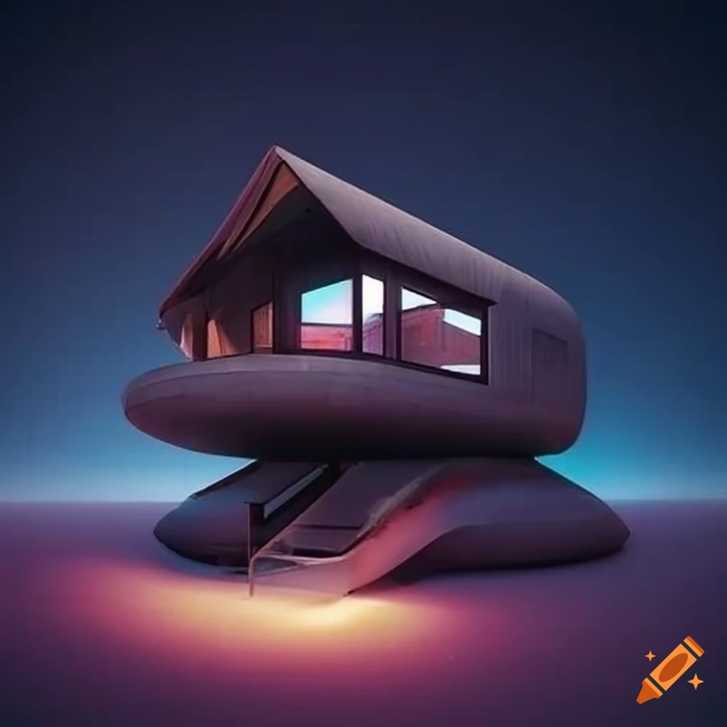 Concrete adobe house pod on stilts with cyberpunk style on Craiyon
