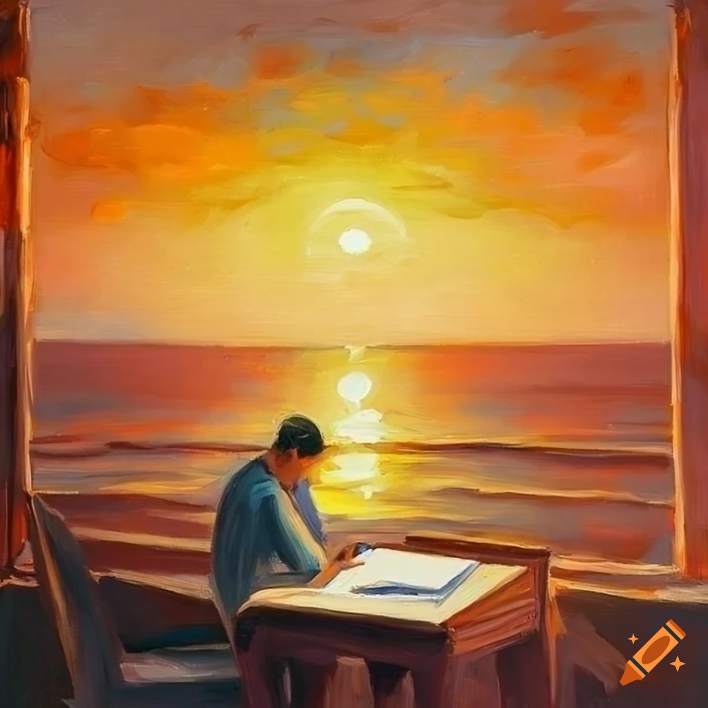 Man writing at desk with a sea and golden sunset in the background ...