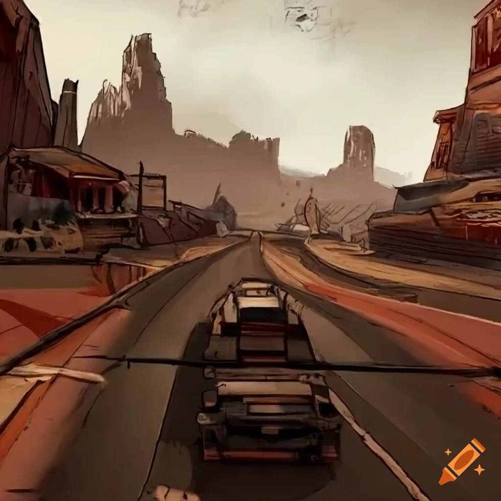 Concept art of an environmental rally track inspired by Borderlands and ...