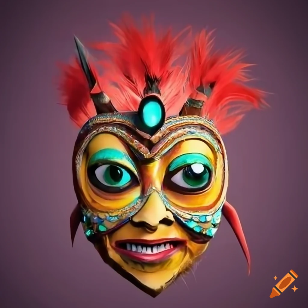 Vibrant sumarian wooden mask with red feather crown and lifelike eyes ...