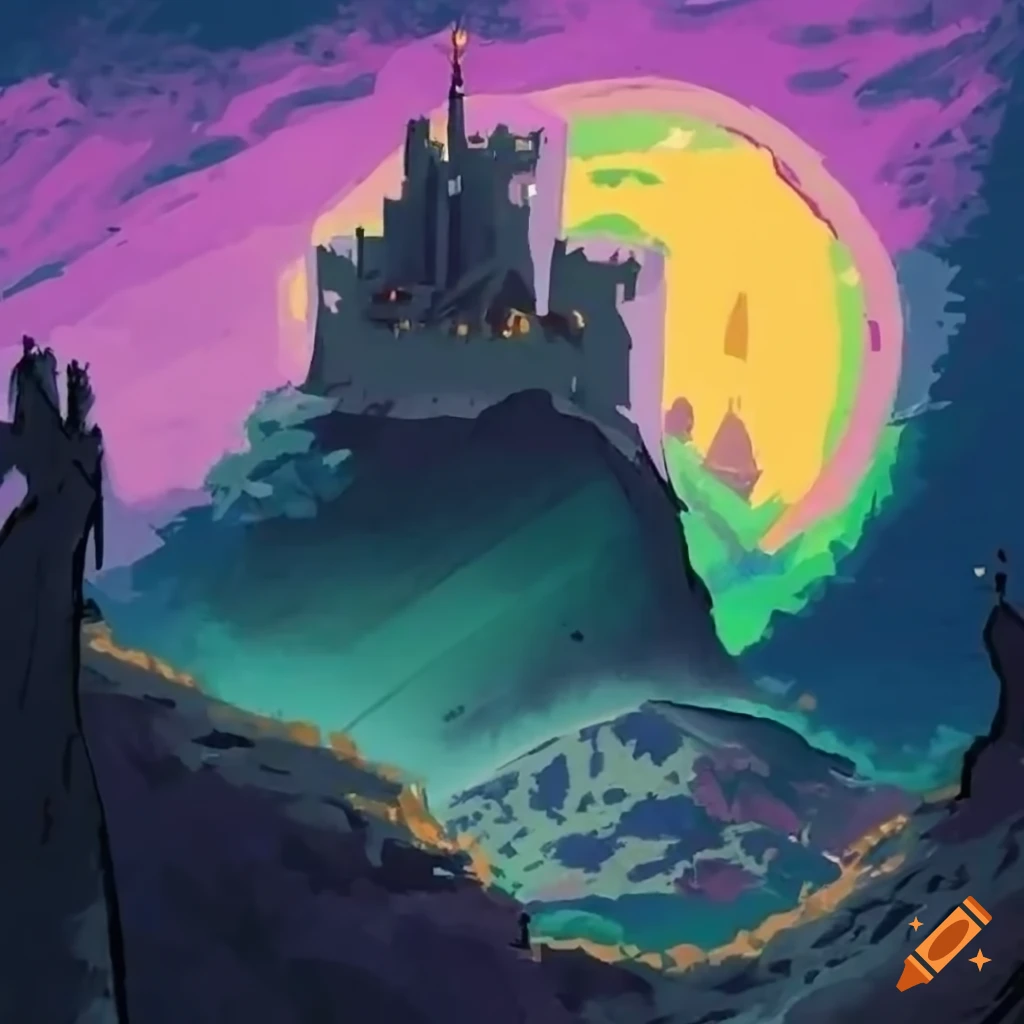 Castle on cliff with stone path, weapons, and bodies strewn about on ...