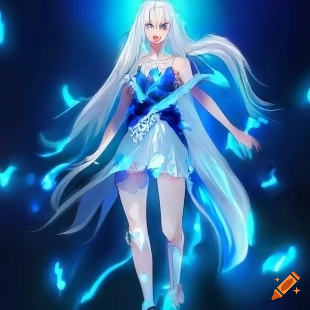 Female character with white hair and glowing blue aura in anime art ...