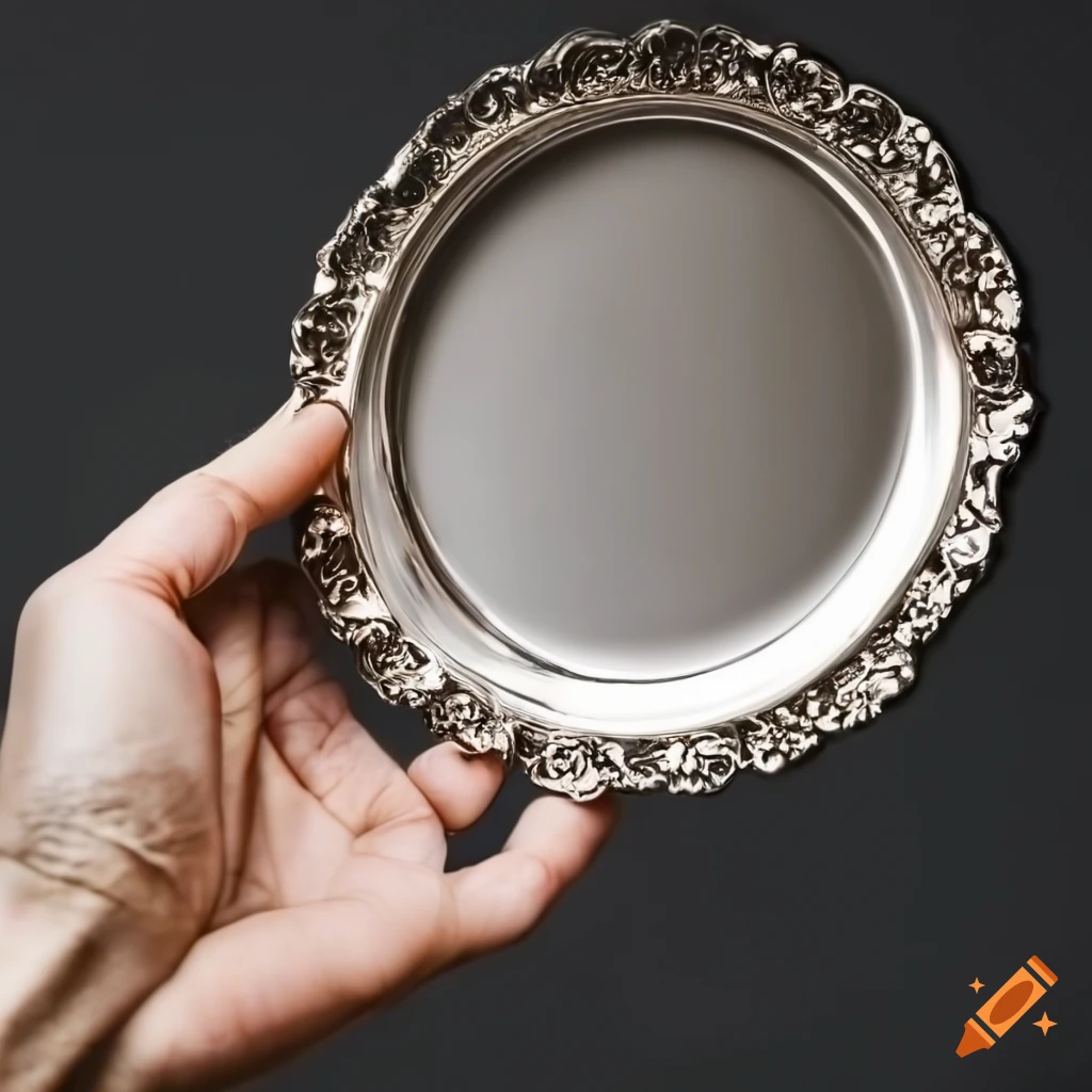 Hand holding an empty silver platter on Craiyon