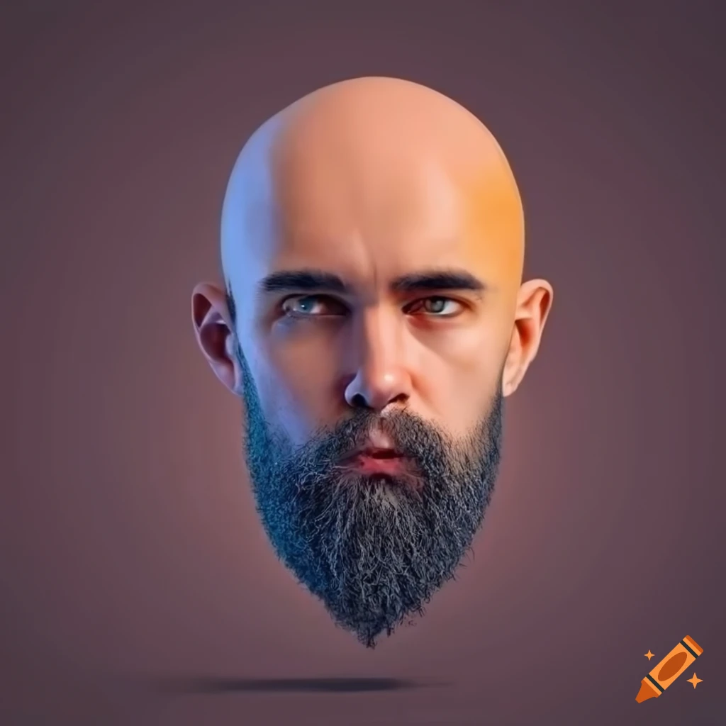Minimalist head of bald man with beard in orange and black colors on ...