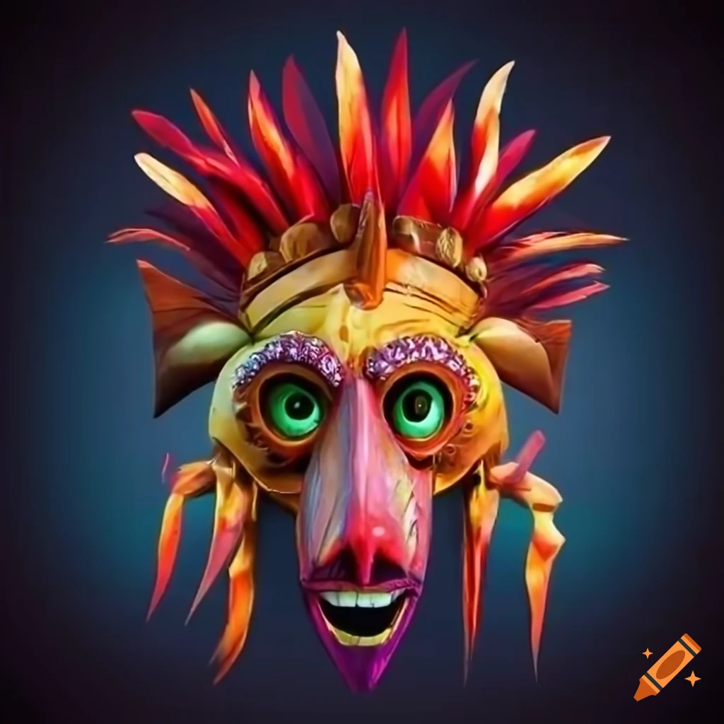 Intricately detailed sumerian wooden mask with a red feather crown on ...