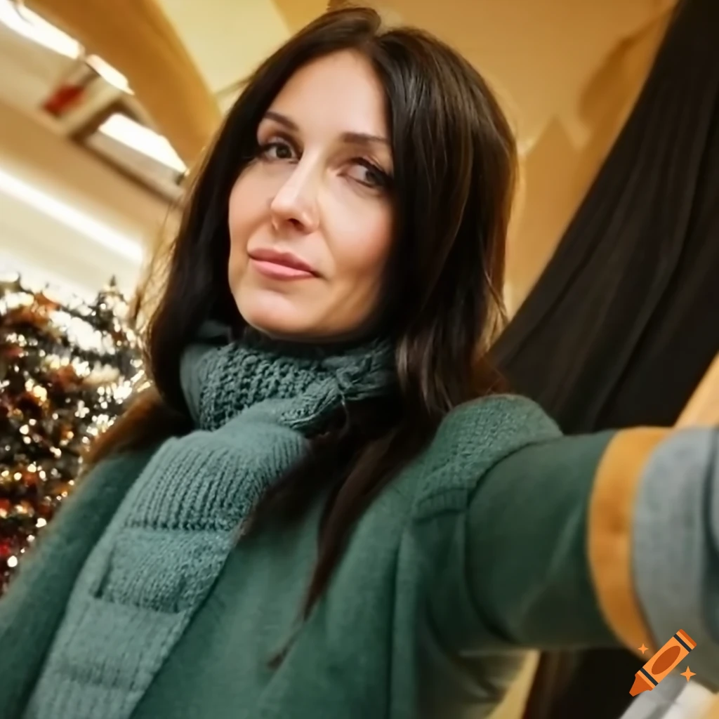 Close-up of beautiful 43-year-old brunette woman shopping for winter ...