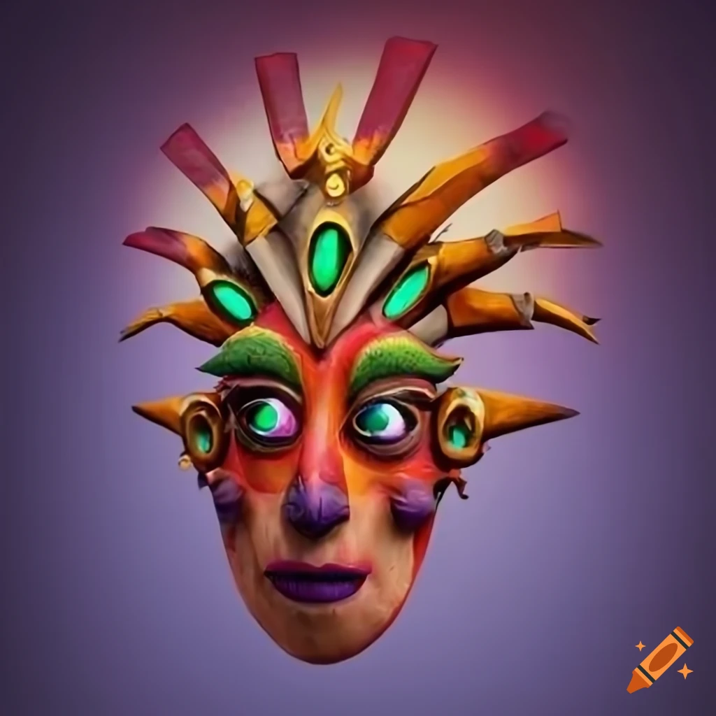 Vibrant Queen's Sumarian wooden mask with detailed crown and symbolic ...