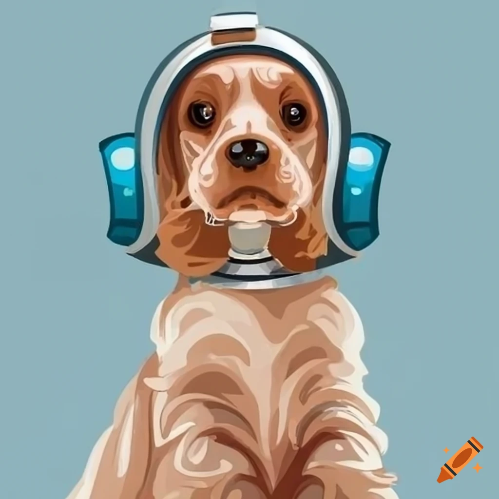 Adorable cocker spaniel wearing an astronaut helmet in a playful ...