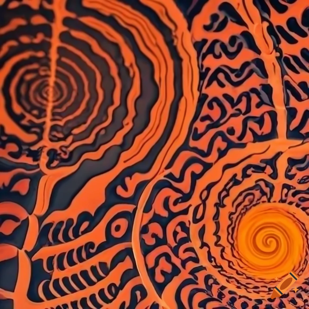 Red magma spirals and tribal patterns in shades of orange and black on ...