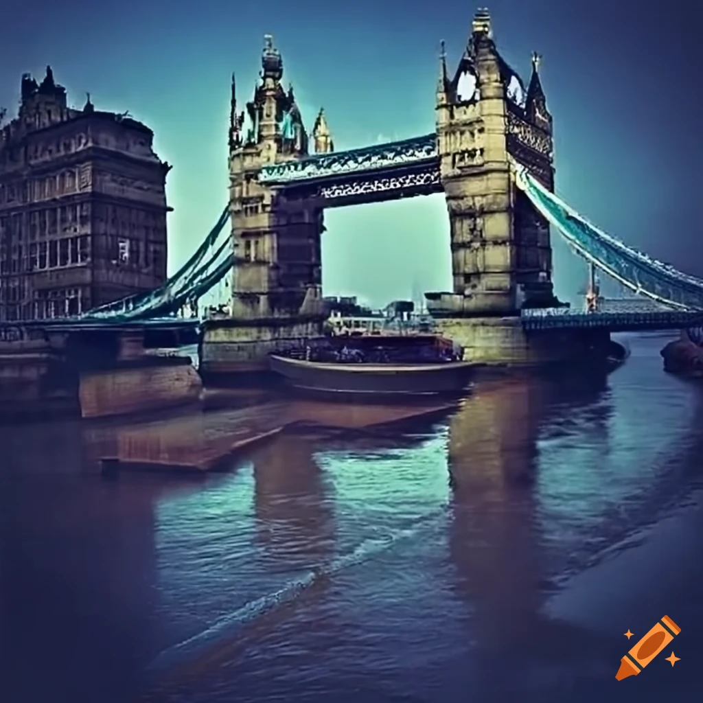 River Thames in post-apocalyptic London with a destroyed bridge on Craiyon