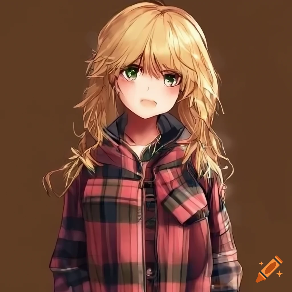 Anime farm girl with tan skin and blonde hair in checkered flannel ...
