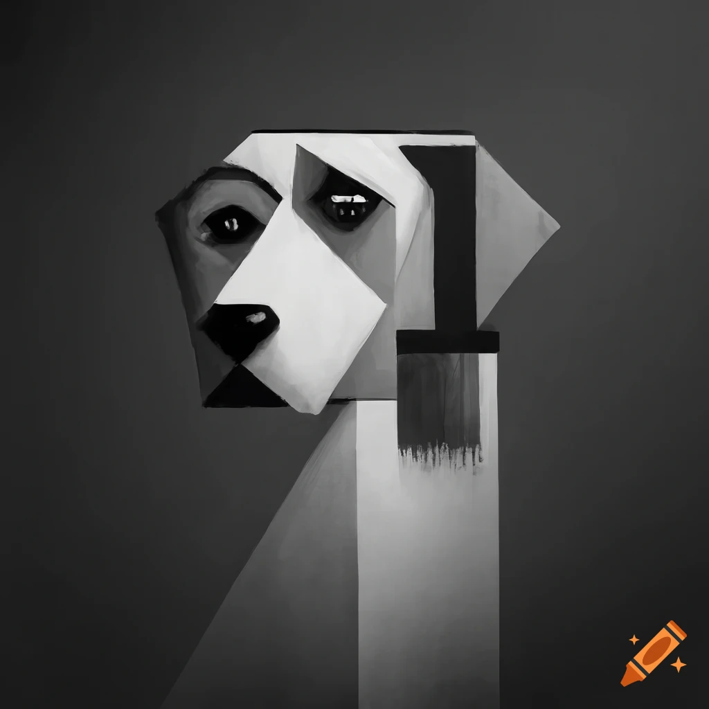 Cubist Malevich expressionist surrealist dog with black and white ...