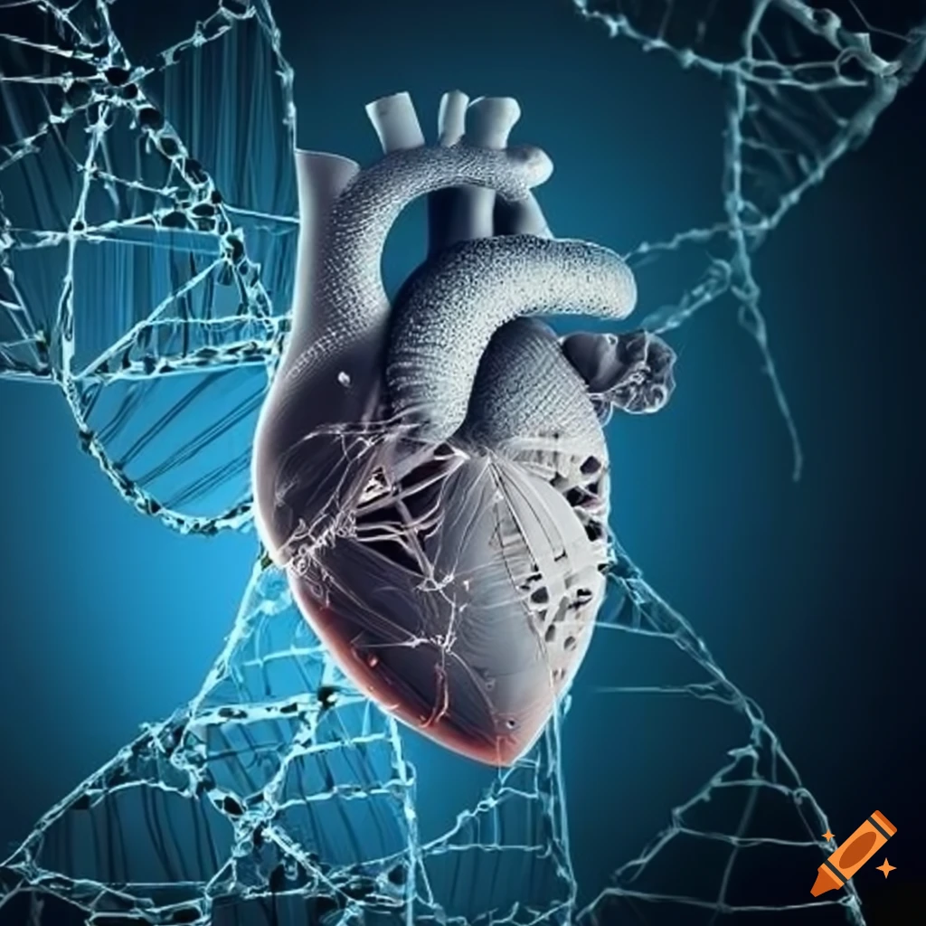 Intricate atomic human heart structure with DNA strands on Craiyon
