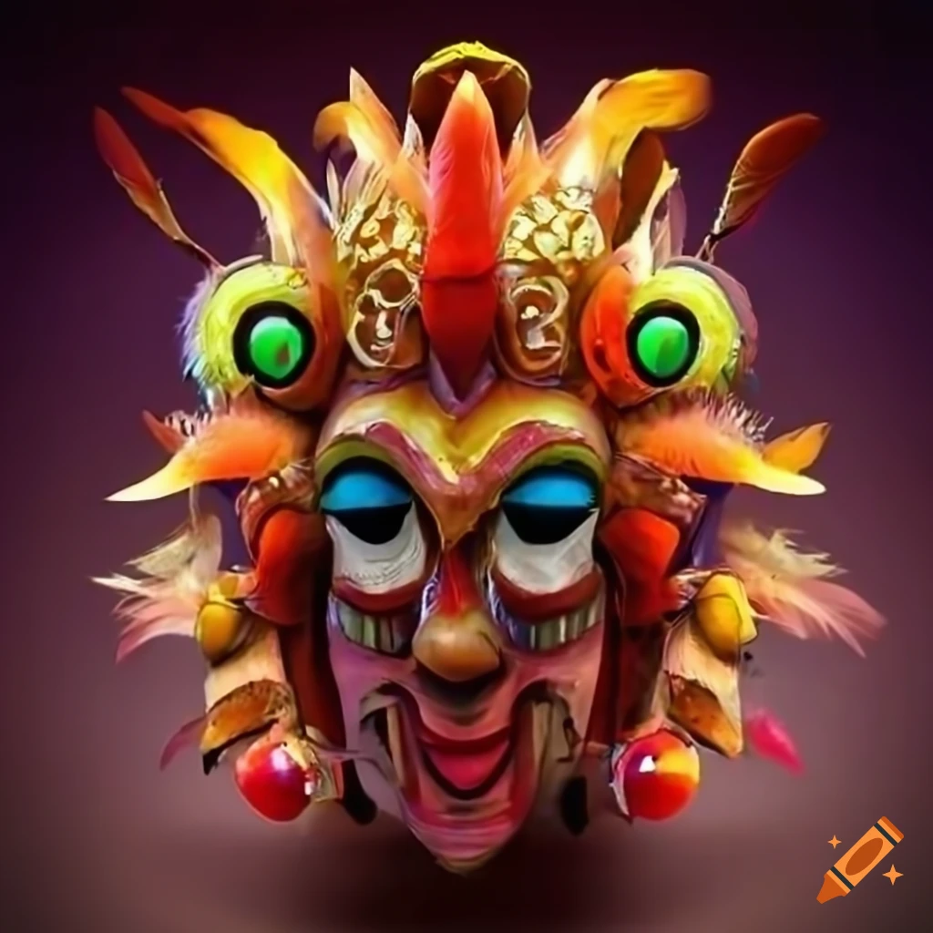 Vibrant and intricately detailed sumerian wooden mask with a red ...