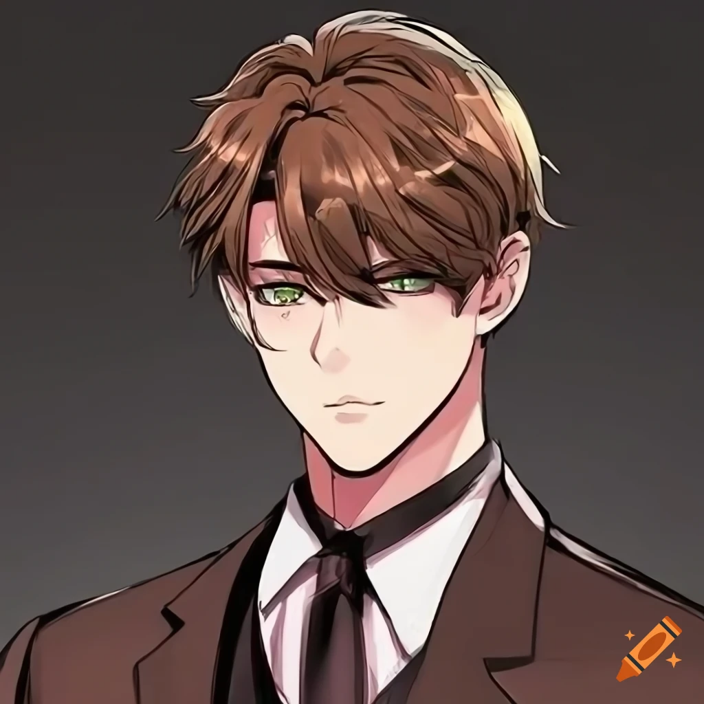 Charming manhwa character in a suit and tie with brown hair and green ...