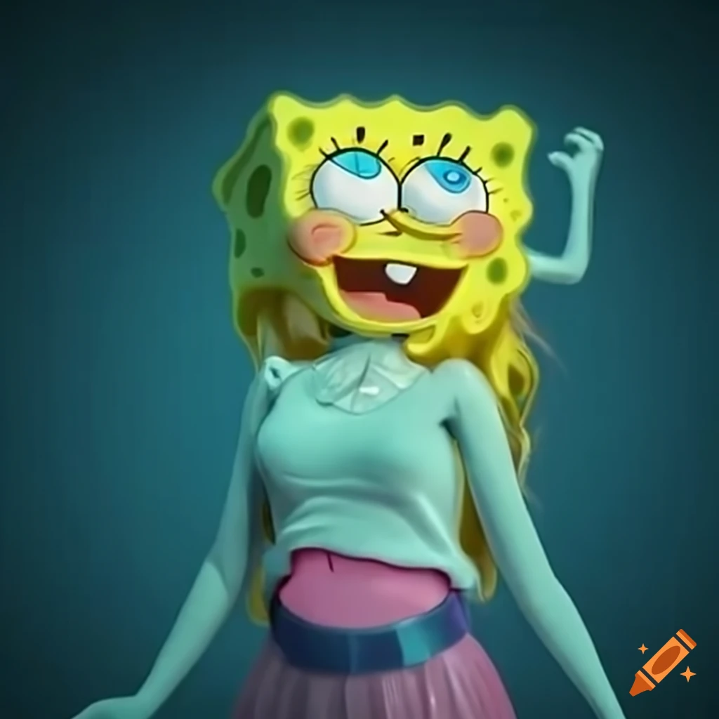 SpongeBob mewing in front of a pretty girl on Craiyon