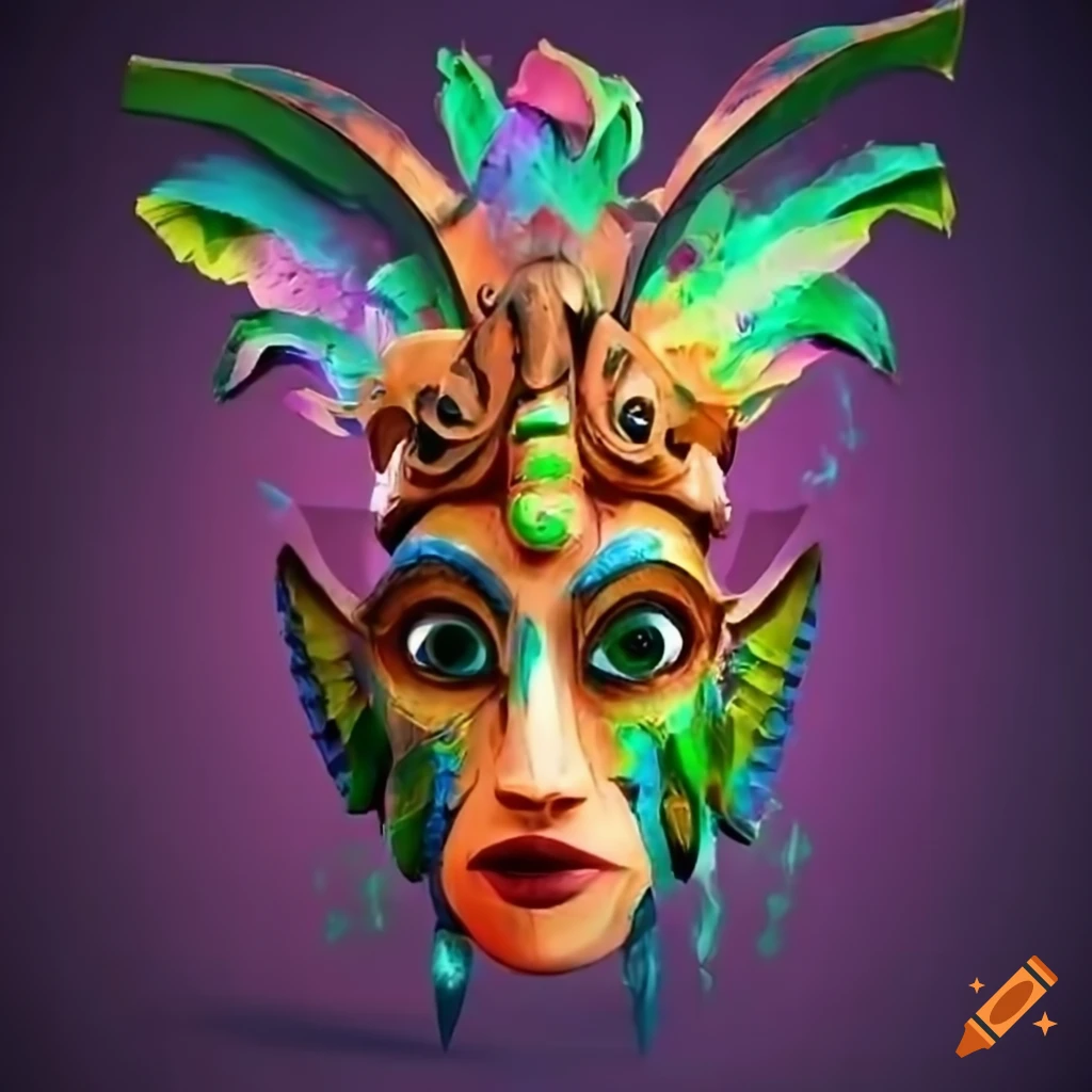 Vibrant and detailed queen's Sumarian wooden mask with a feather crown ...