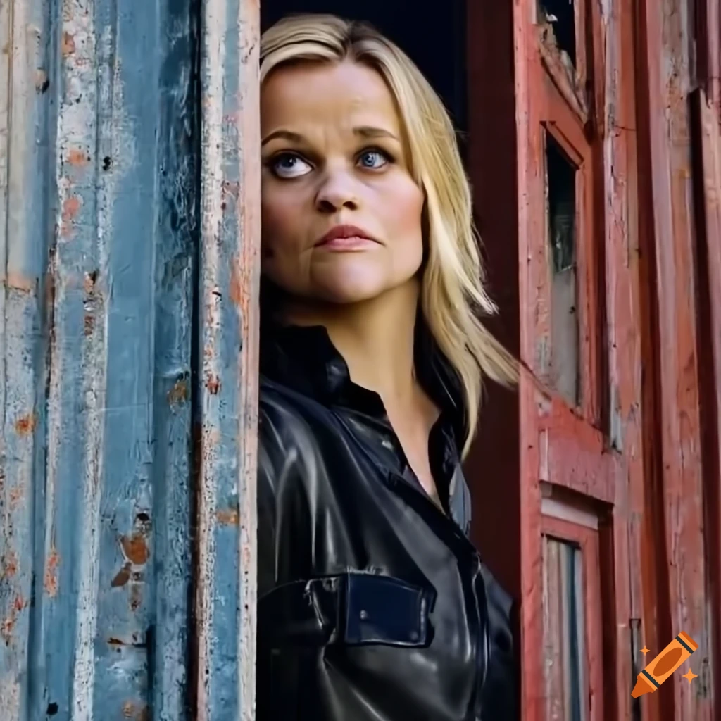 Blonde actress resembling Reese Witherspoon in country plaid shirt and high-waist black leather ...