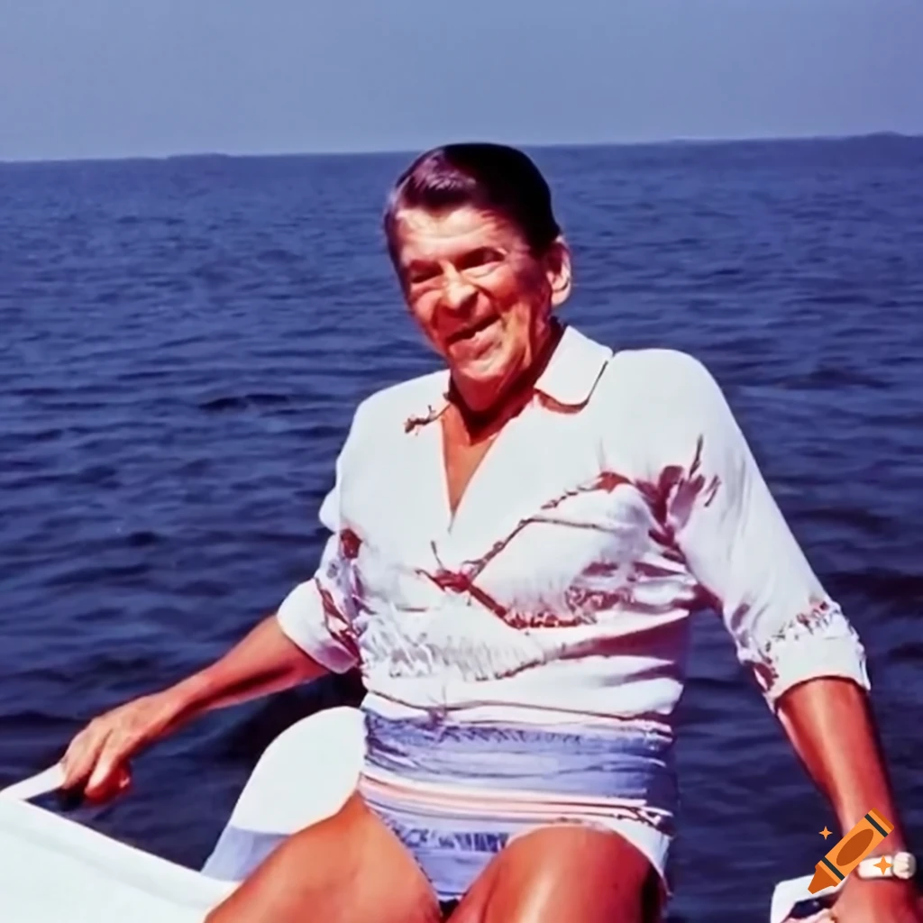 Ronald reagan in a bathing suit on a boat waving on Craiyon