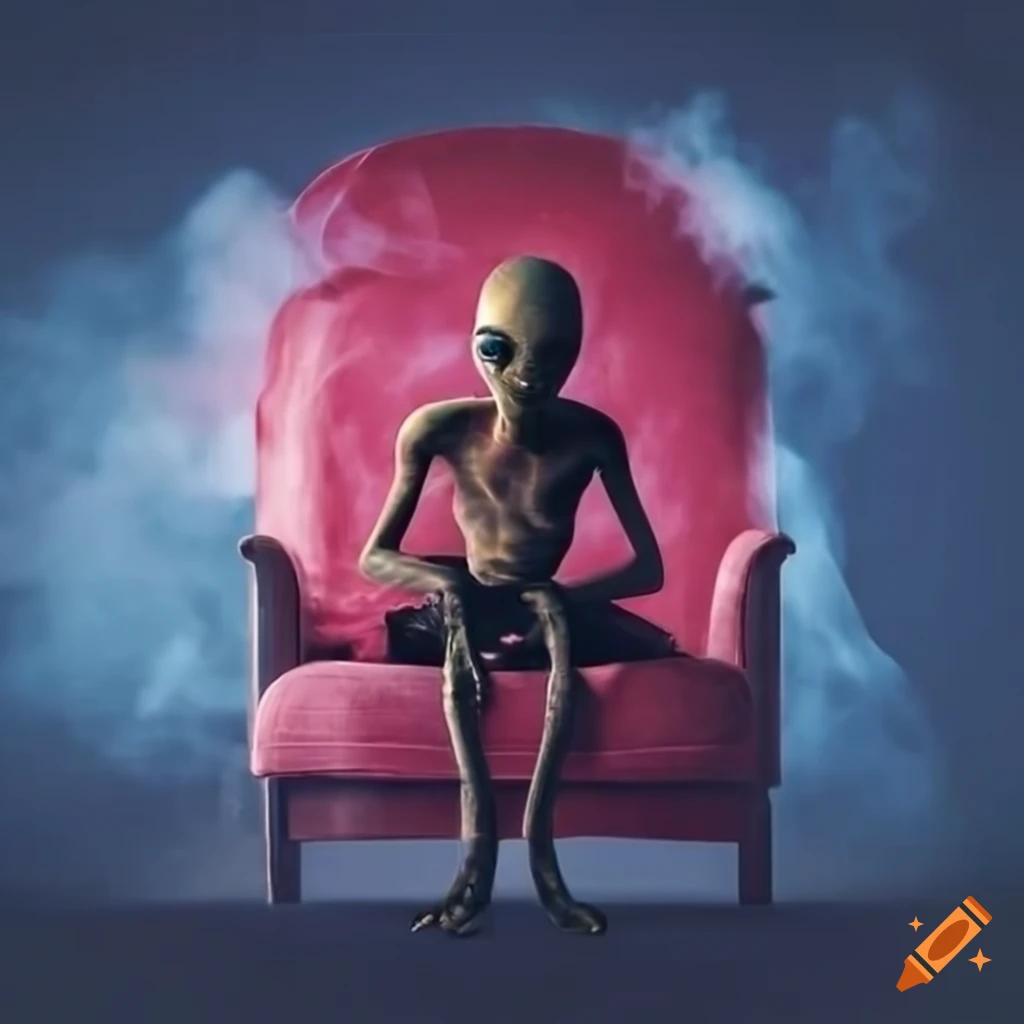 Alien on a red couch surrounded by smoke in a mysterious setting on Craiyon