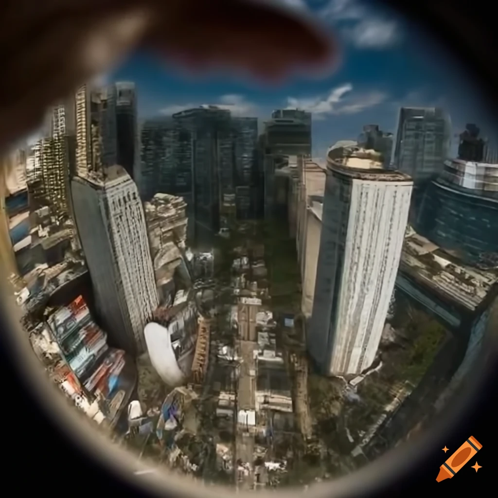 Surreal city with fish eye lens man staring at blank wall and house ...