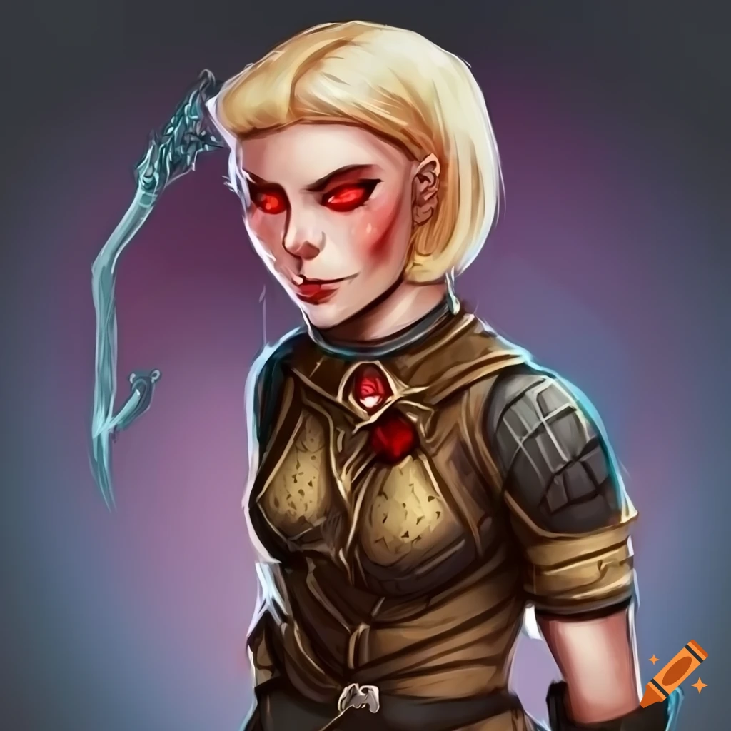 DND angry Aasimar with blonde hair and red eyes on Craiyon