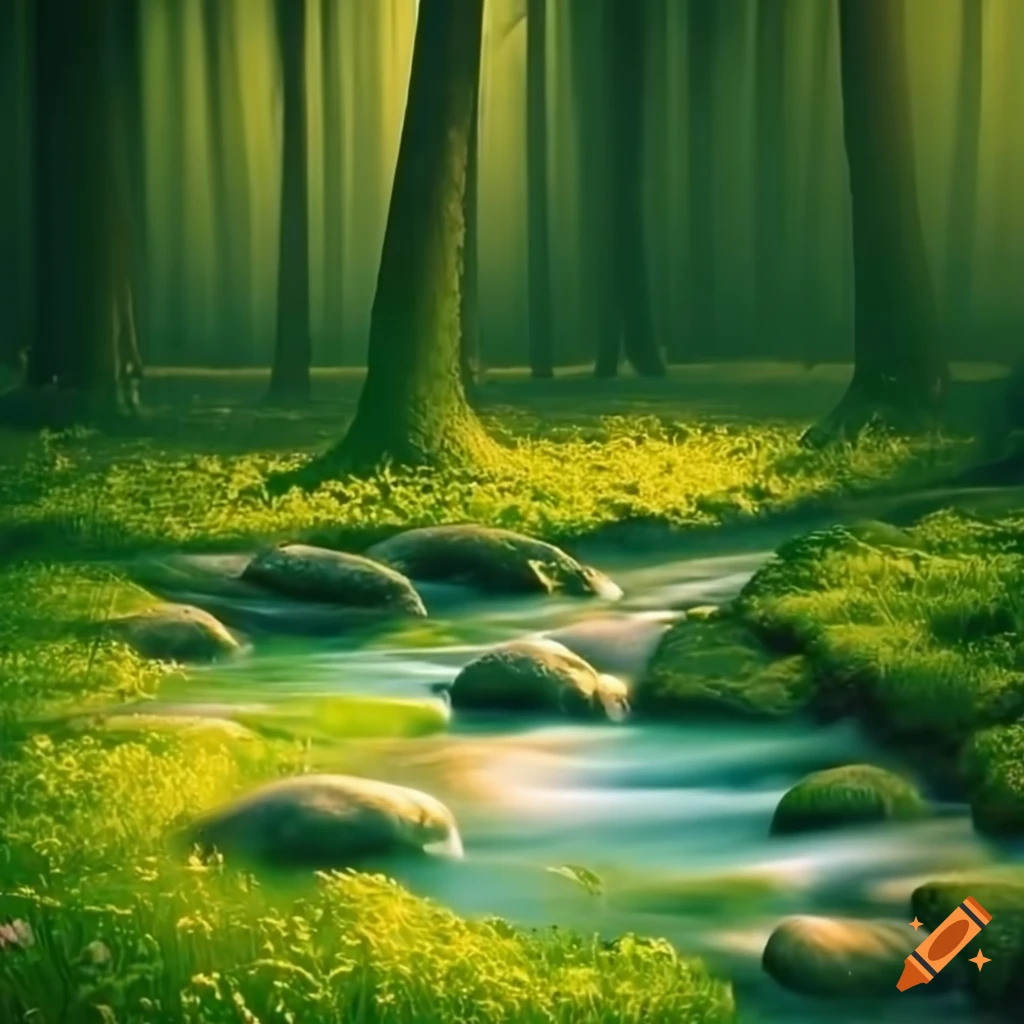 Shallow stream in a bright meadow with an enchanted forest in the ...