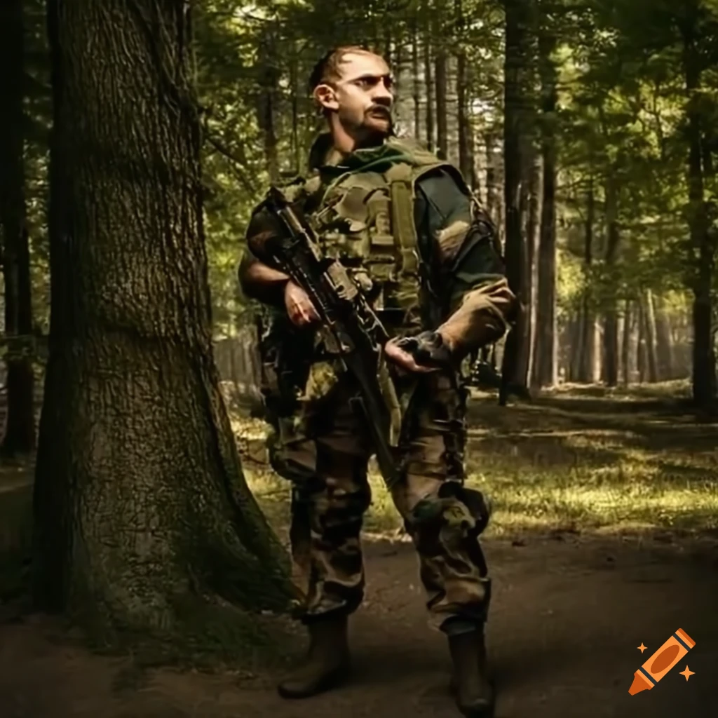 Man in military gear standing in front of armed trees on Craiyon