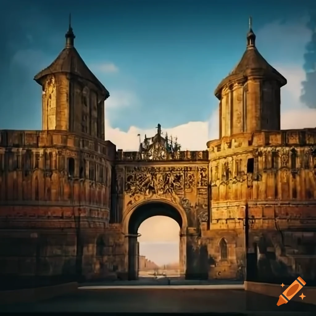 High walls and huge gates with kingdom's golden crown banners at ...