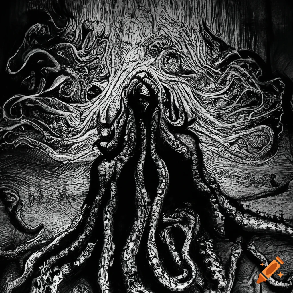 Monochrome ink drawing of a Lovecraftian entity on Craiyon