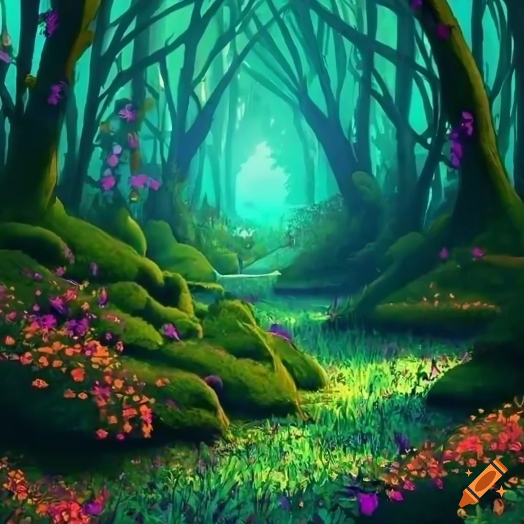 Secluded path winding through lush forest towards a clearing with birds ...