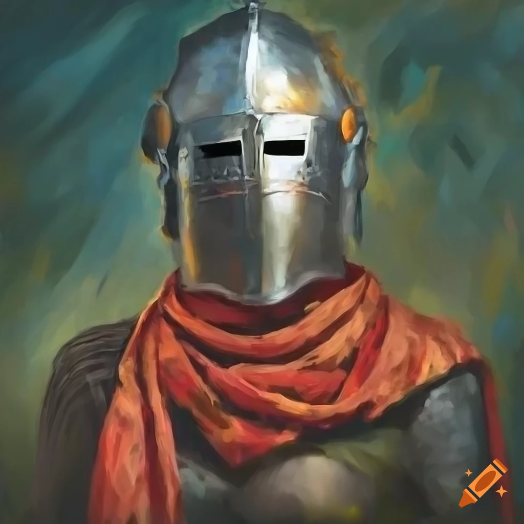 Medieval cyber-knight with red-eyed helmet and red knot scarf against ...