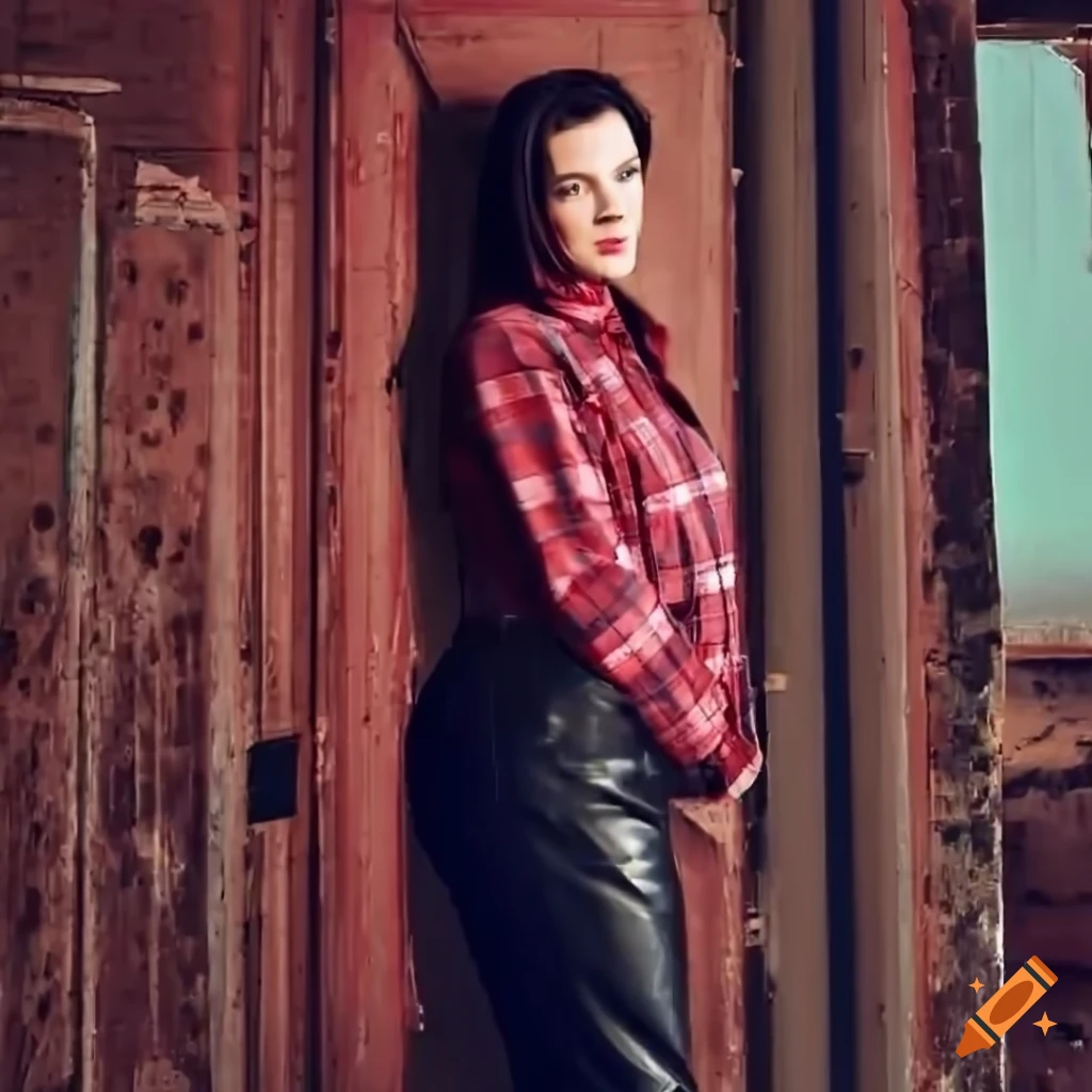 Actress resembling Liv Tyler in red plaid shirt and black leather ...