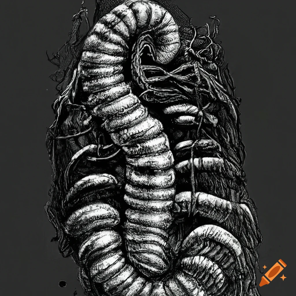 Metallic portrayal of worms and centipedes in black ink on Craiyon