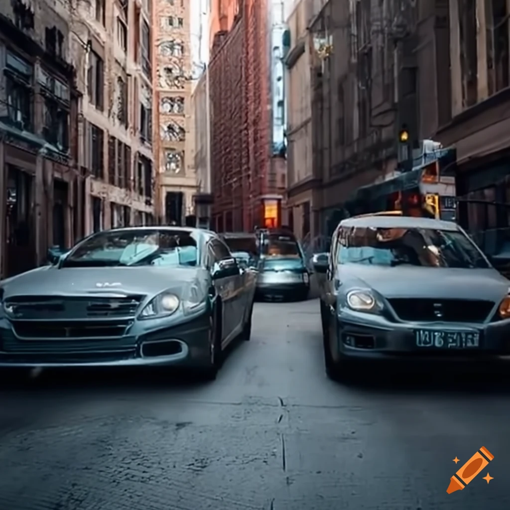 Car chase scenes through tight alleys and busy streets on Craiyon