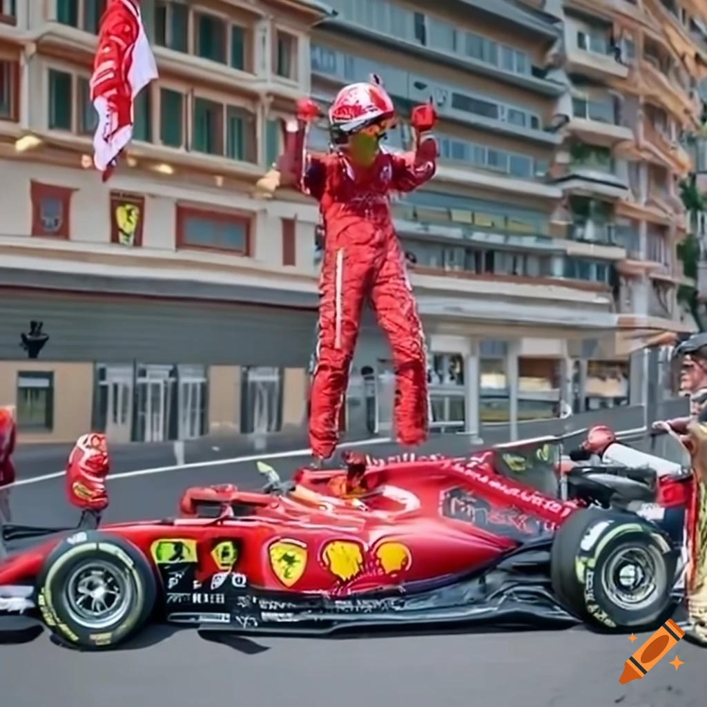Charles leclerc celebrating p1 in monaco grand prix next to ferrari car ...