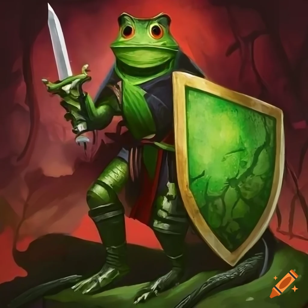 Black green poisonous frog knight with shield and sword on Craiyon