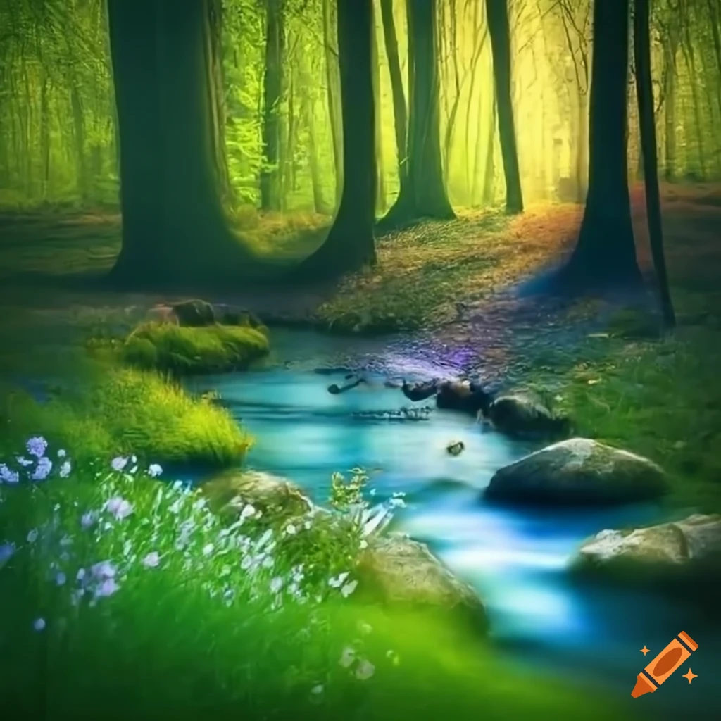 Shallow stream in bright midday light running through idyllic flower ...