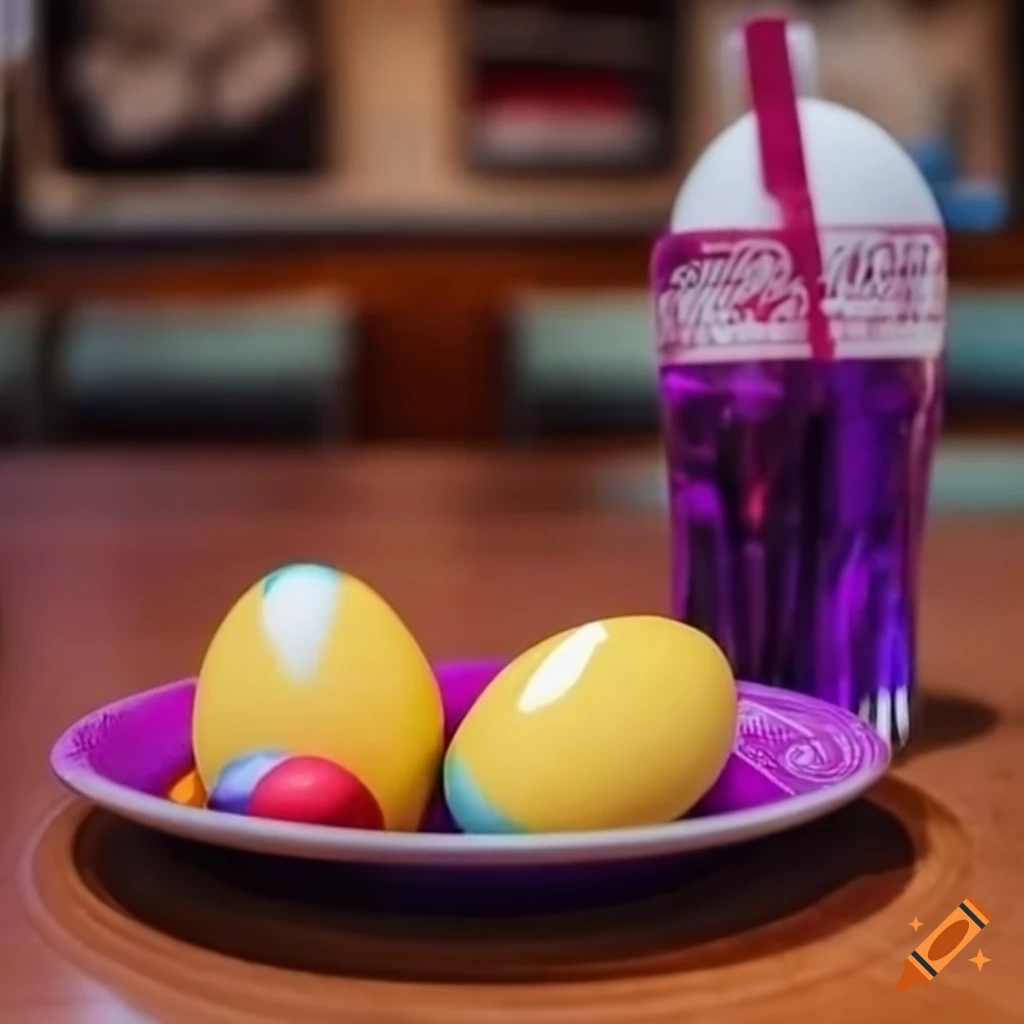 Fried colorful Easter eggs with a purple coke at a restaurant on Craiyon
