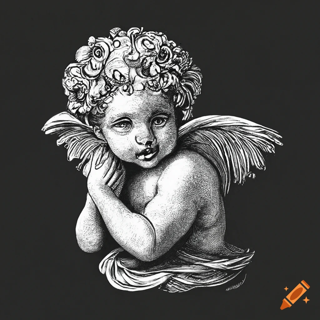 Detailed black and white drawing of cherubs in classical art style on ...