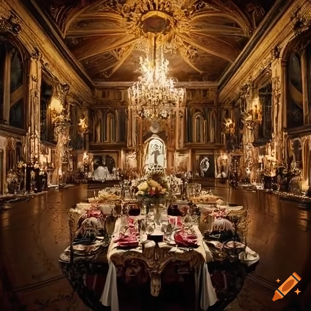 Grand feast in an opulent medieval castle hall with chandeliers ...