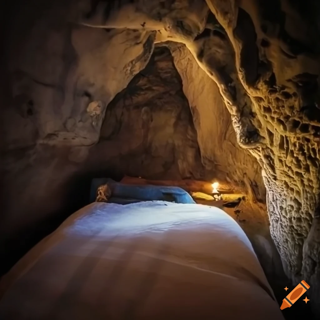 Cave interior with a bed on Craiyon