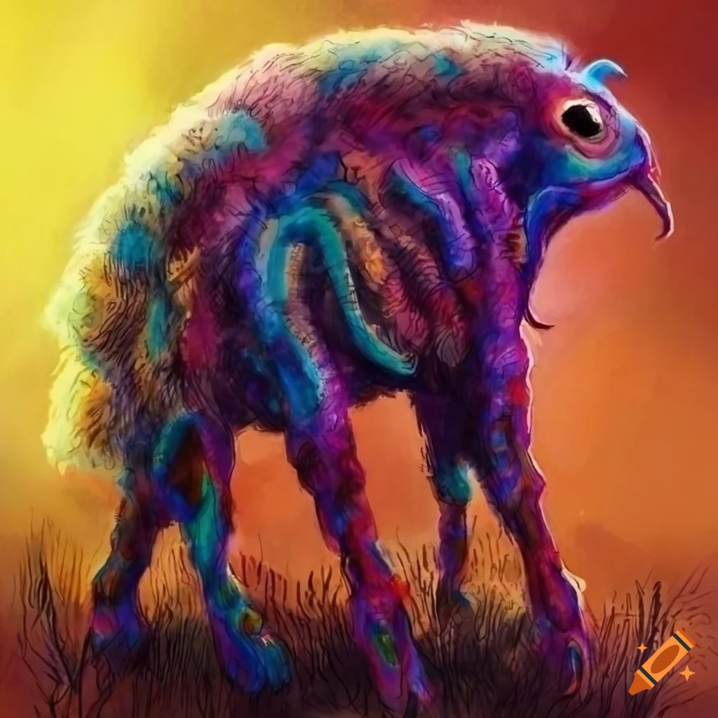 Rainbow-colored alien livestock with thick woolly hide in sci-fi sketch ...