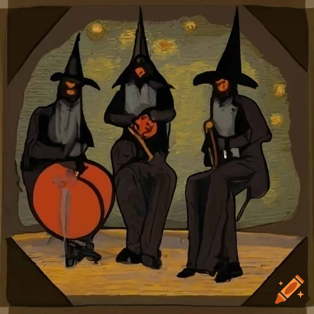 Three wizards playing in a rock band in Van Gogh art style on Craiyon