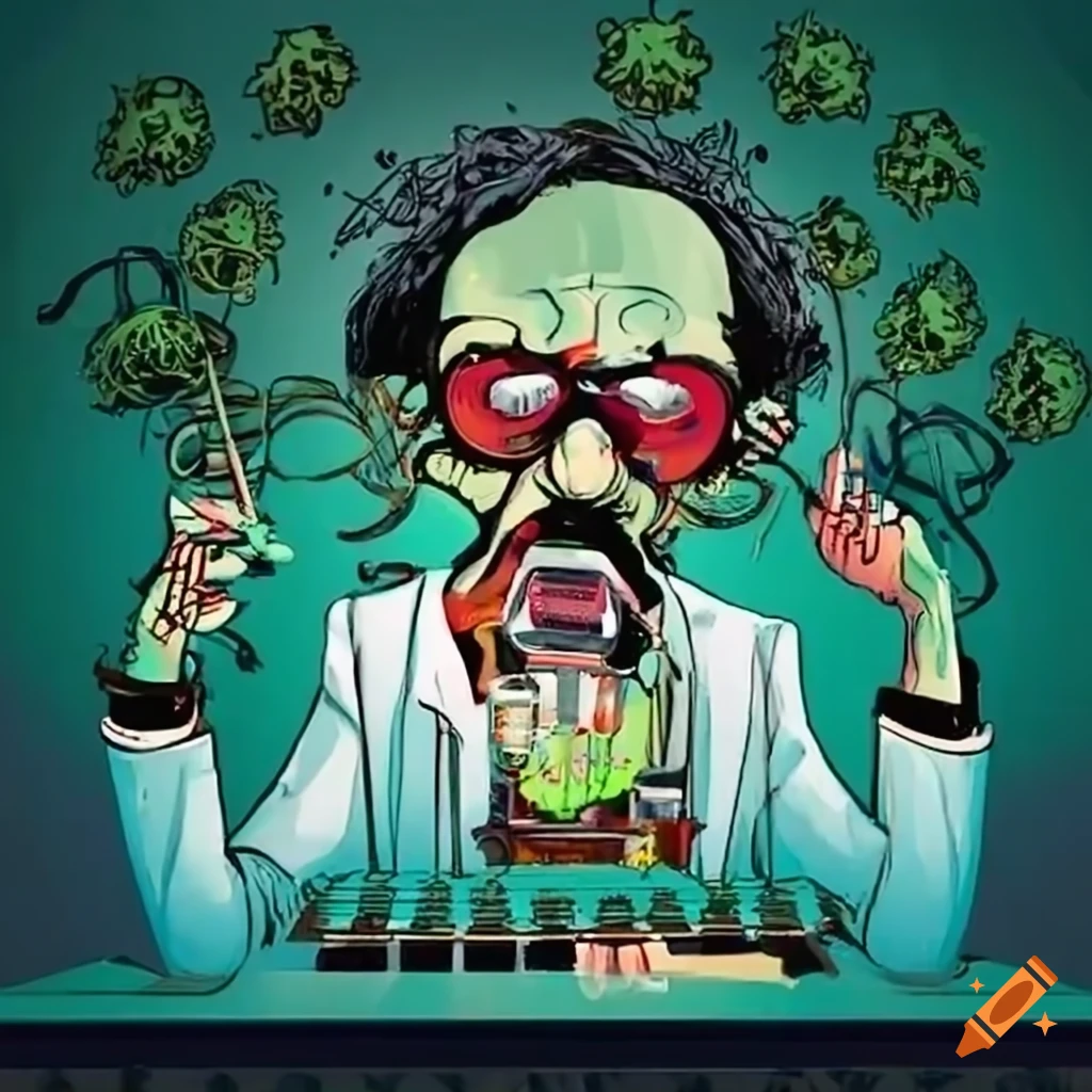 Mad scientist creating music in a lab with beat makers, computers ...