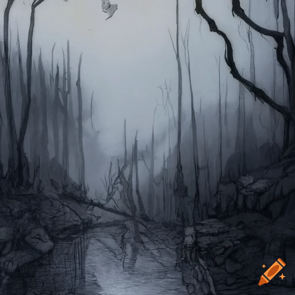 River lethe meandering through a misty and gloomy landscape on Craiyon