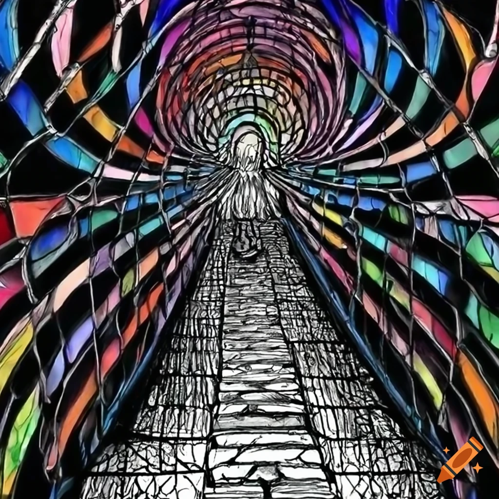Moebius drawing of stained glass sculpture with rainbow sound waves ...